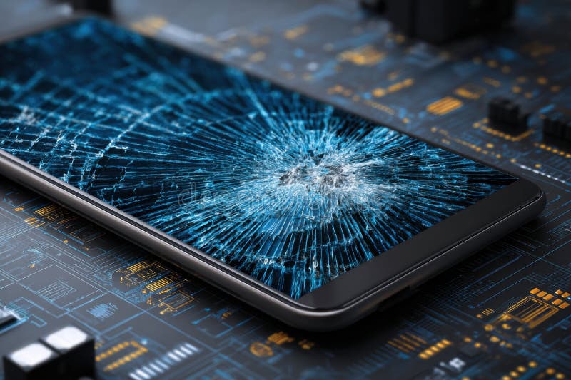 Busted Touchscreen Device Displaying System Failure on a Clean Electronic Layout Stock Photo ...