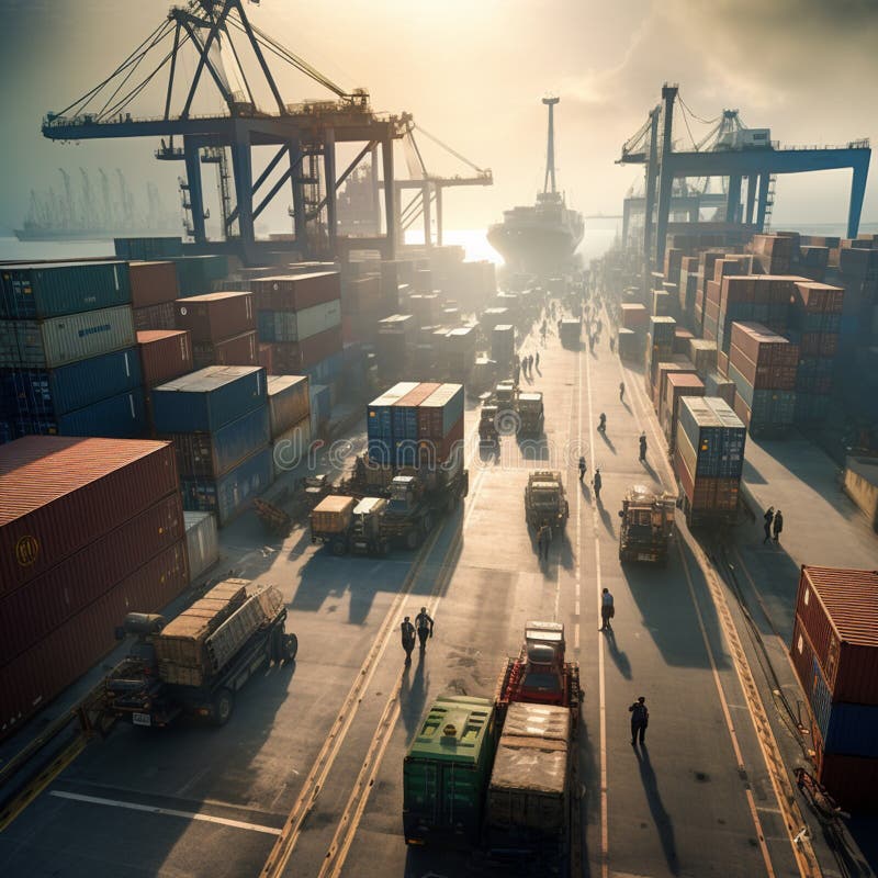 The Bustling Activity at the Port with Workers Loading Cargo Containers ...