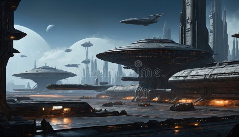 Futuristic Cityscape with Hovering Vehicles and Towering Structures on ...