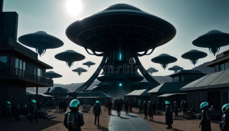 Alien Civilization with Floating Structures and Crowds Stock ...