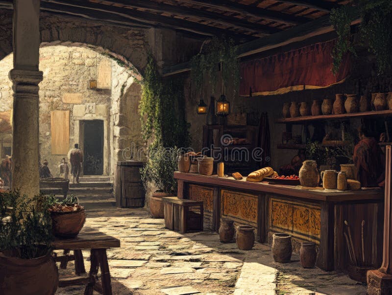 Bustling Ancient Roman Taberna with Rustic Decor and Traditional ...