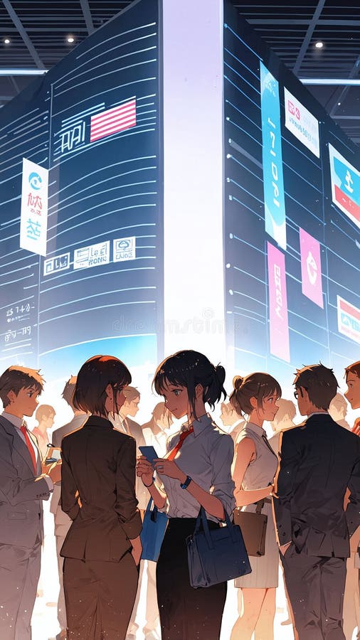 Bustling Anime Conference with Characters Networking and Exchanging ...