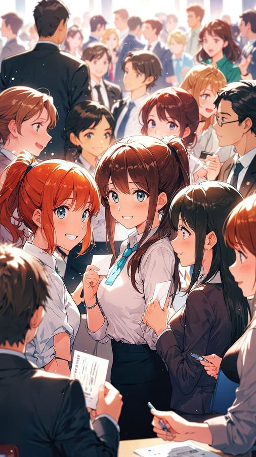 Bustling Anime Conference with Characters Networking and Exchanging ...