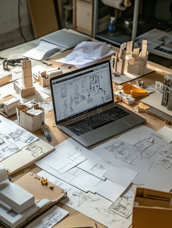 A Bustling Architectural Workspace Features a Laptop with Design Plans ...