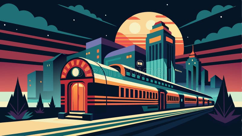 A Bustling Art Deco Train Depot Complete with Sleek Lines and Neon ...