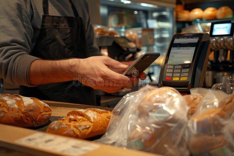 A Busy Bakery Scene Shows a Man Using a Smartphone To Pay. Freshly ...