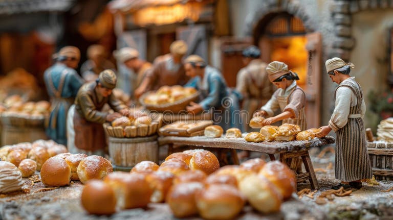 Miniature Bakers Making Fresh Bread in a Medieval Bakery Scene Stock ...