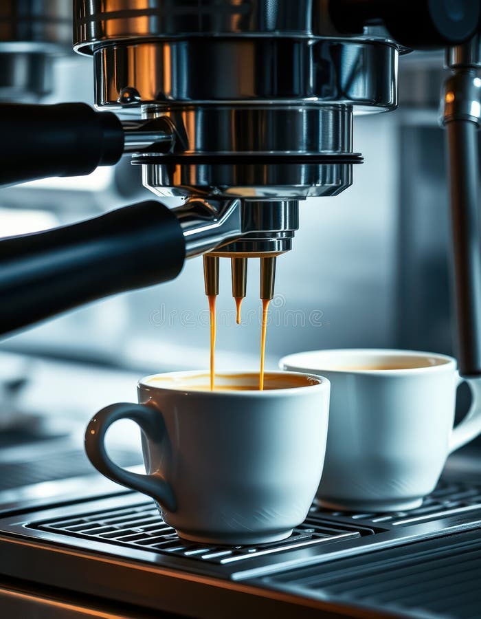 Freshly Brewed Espresso Pours from a Machine into White Cups during ...