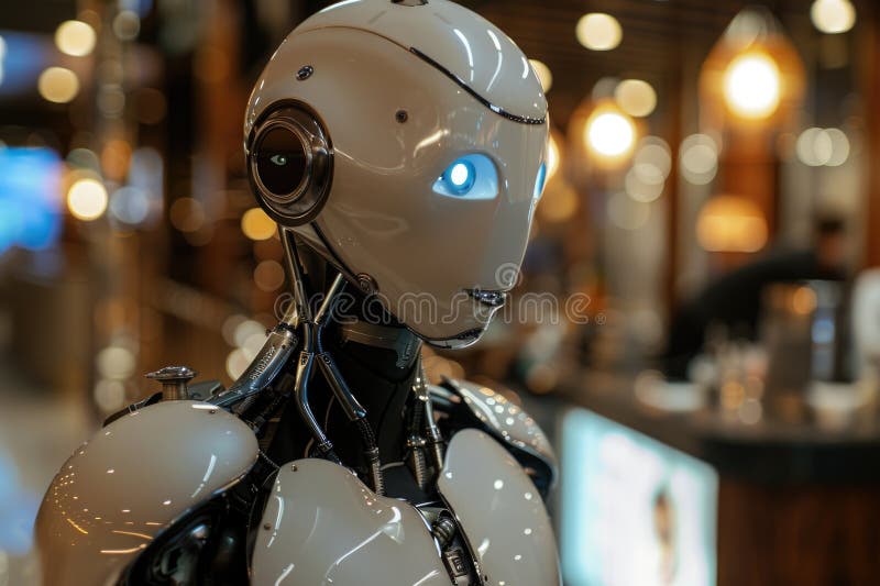 In a Bustling Cafe, a White Humanoid Robot Stands with Blue Eyes Fixed ...