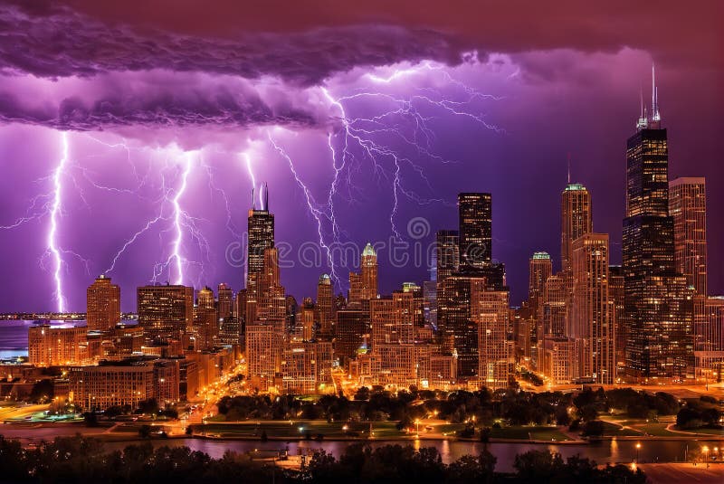 Bustling City with Lightning in Bad Rainstorm Weather at Night Stock ...