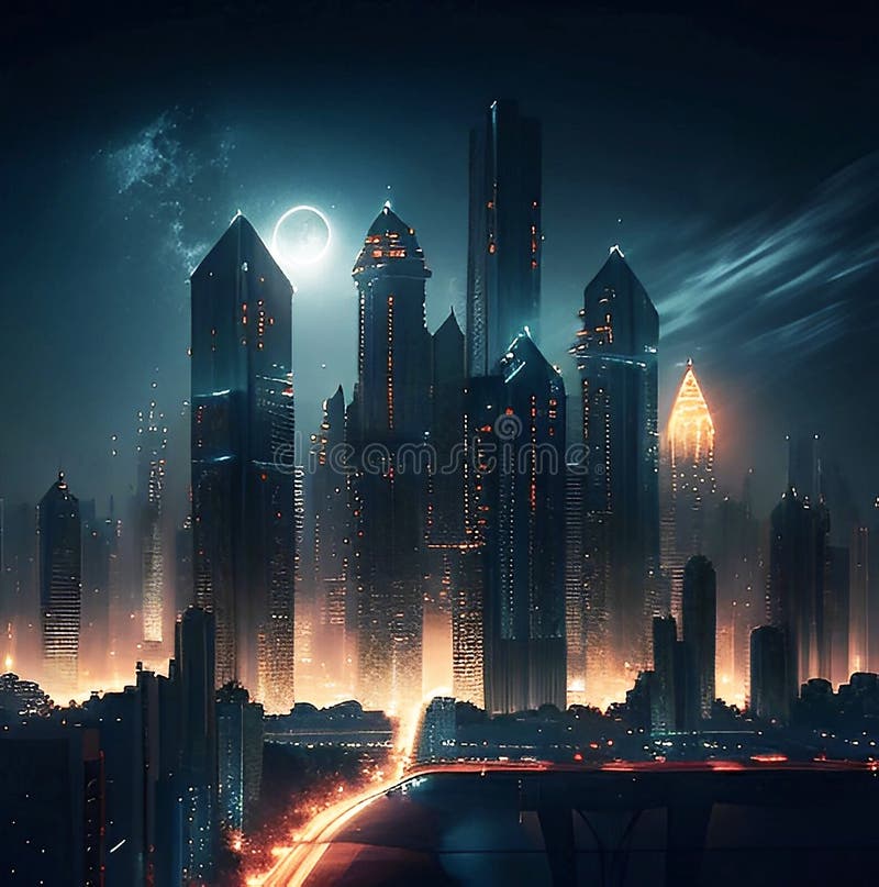 Night City Skyline with Glowing Lights at Ocean Stock Vector ...