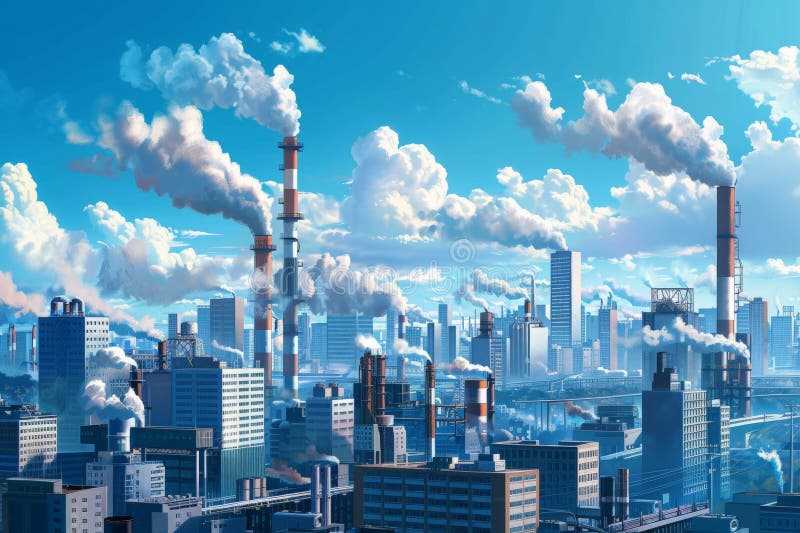 A Bustling Cityscape with Factories Implementing Clean Air Technologies ...