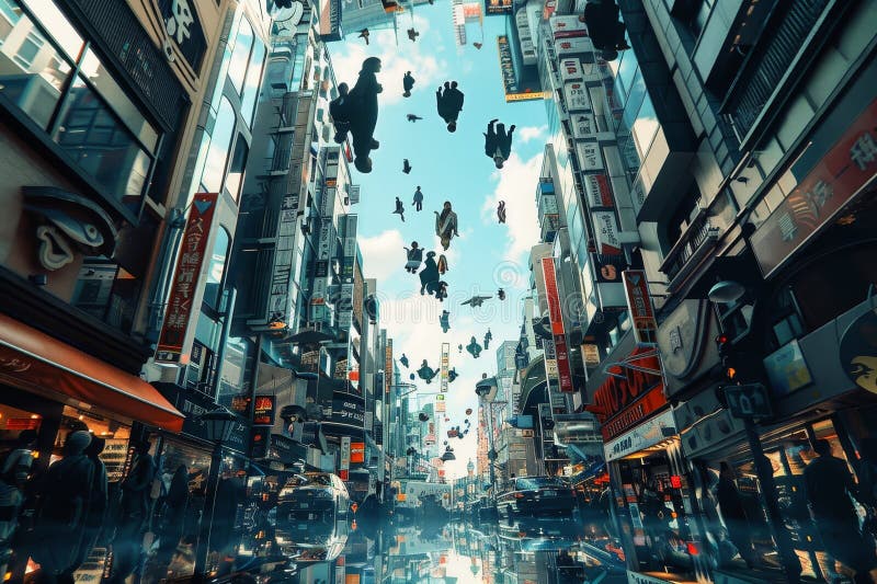 A Bustling Cityscape Where People and Objects Defy Gravity Floating ...