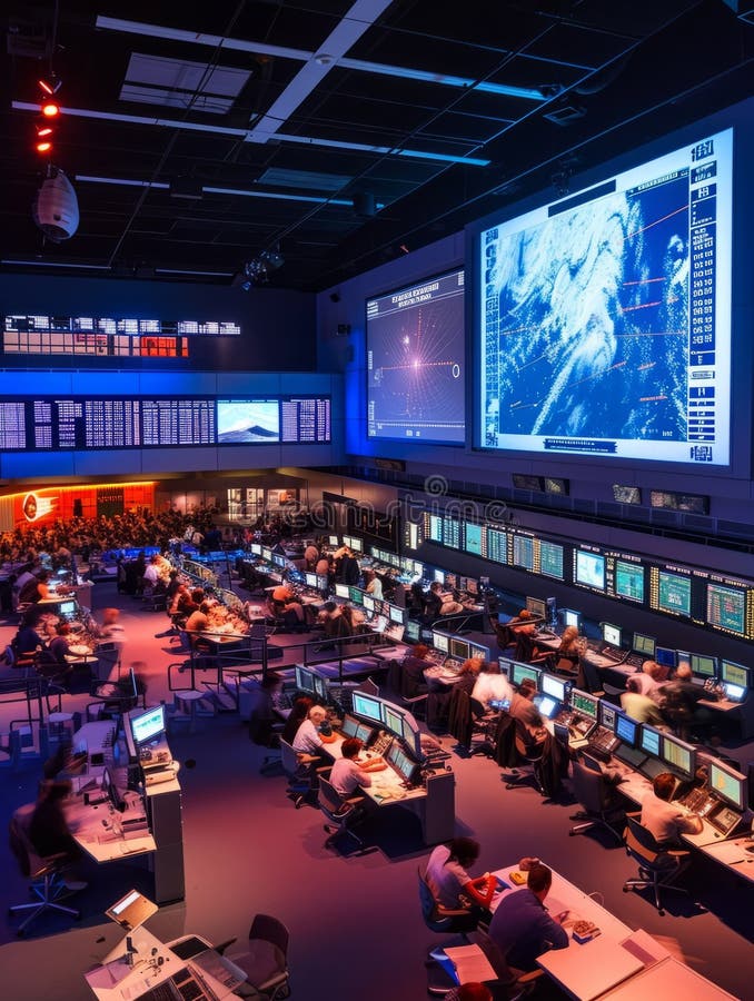 A Bustling Command Center with Large Display Screens, Maps, and a Team ...