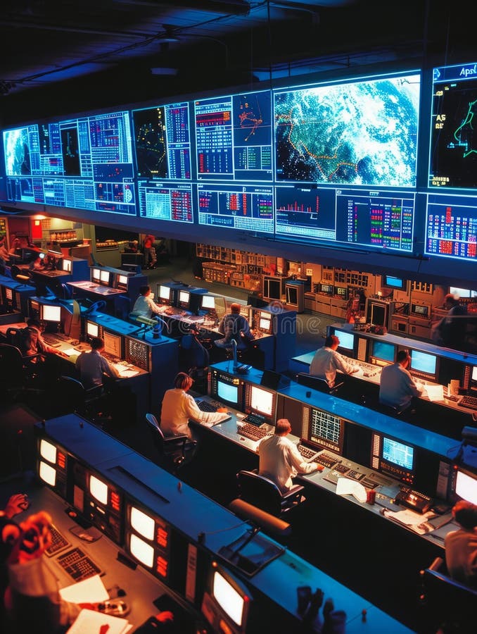 A Bustling Command Center with Large Display Screens, Maps, and a Team ...