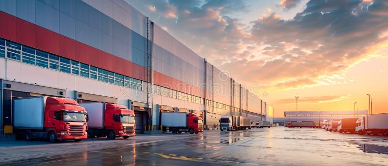 A Bustling Commercial Warehouse Exterior by Day Trucks Loading Cargo ...