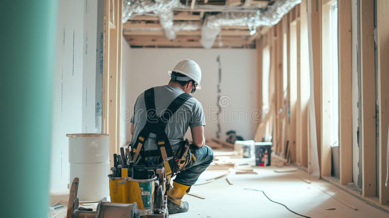 Construction Worker Focuses on Installing Green Accents in a New ...