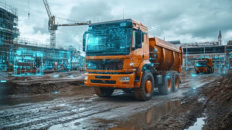 Dynamic Construction Site with Heavy Machinery Working Under Cloudy ...