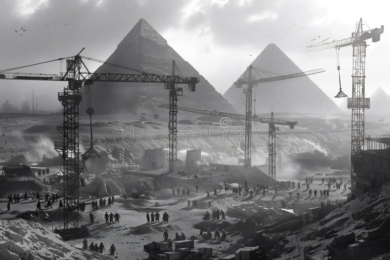 A Bustling Construction Site Near the Iconic Pyramids of Giza Contrasts ...