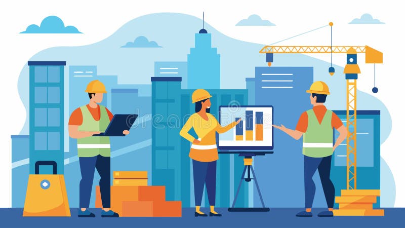 On a Bustling Construction Site a Team of Workers Uses BIM To Virtually ...