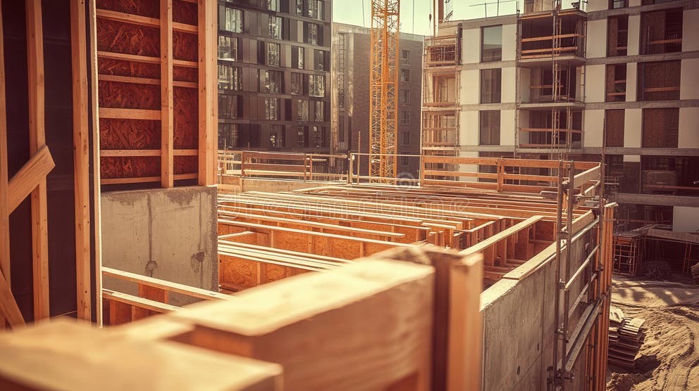 A Bustling Construction Site Teems with Wooden Framing, Where Workers Meticulously Build the ...