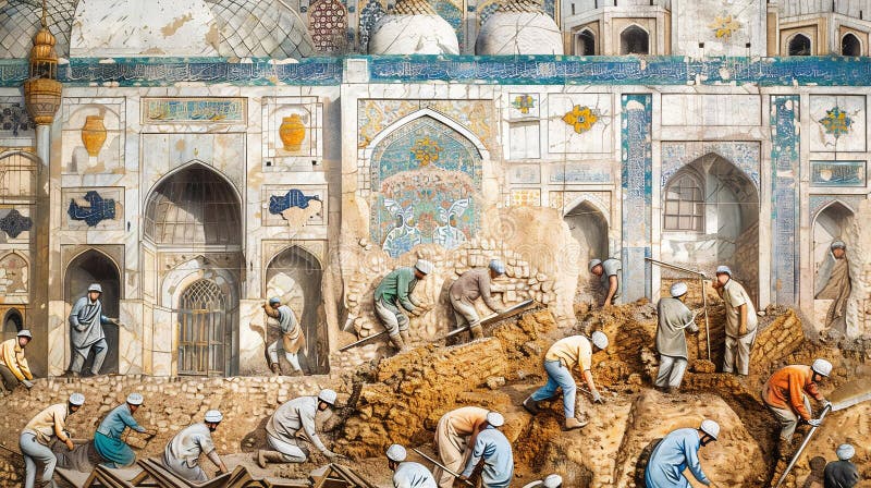 Workers of Various Ages and Genders Construct a 16th-century Mosque ...