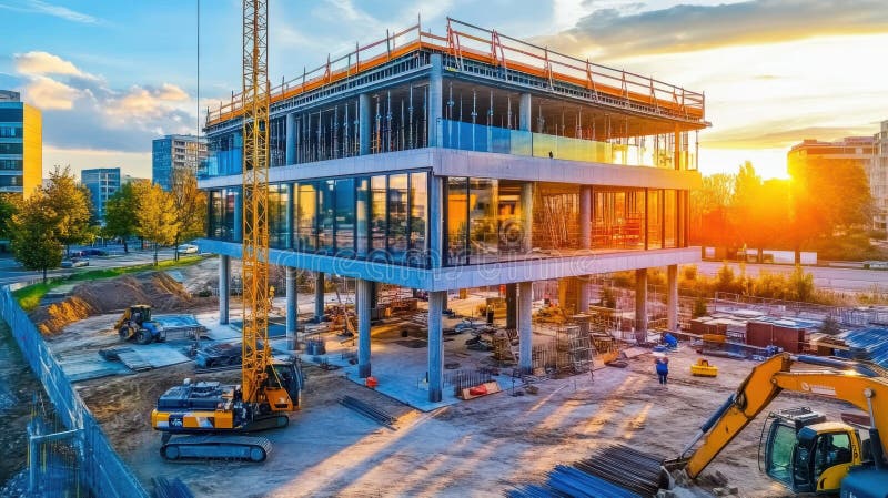 A Bustling Construction Site Unfolds with a Towering Crane and Heavy ...