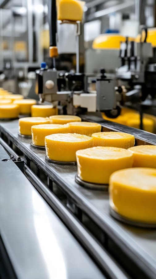 Cheese Processing Line with Yellow and White Packaging Elements Stock ...