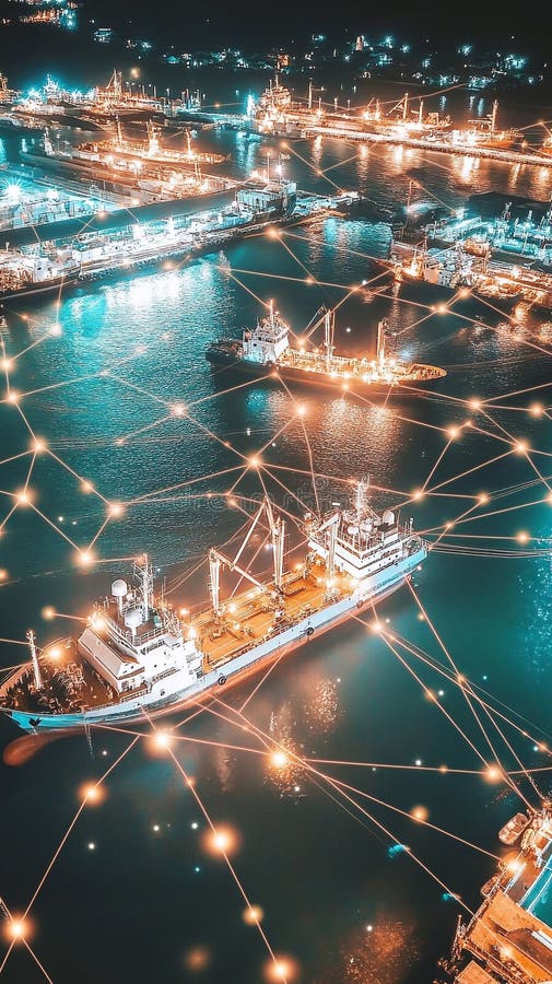 A Bustling Digital Harbor Where Smart Ships are Guided by a Glowing ...