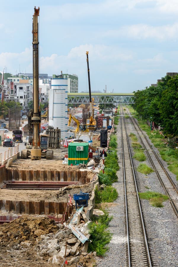 Bustling Elevated Railway Construction in Suburban Area Stock Photo ...