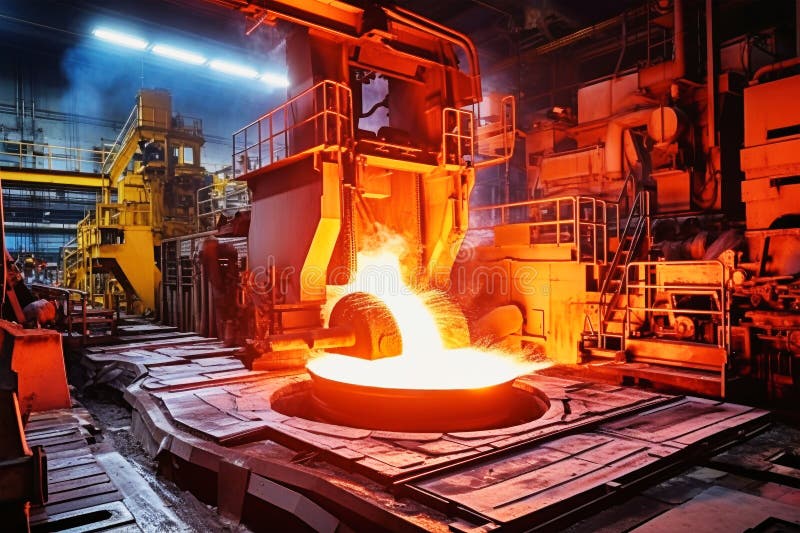 A Bustling Factory Filled with Towering Steel Structures and Workers ...