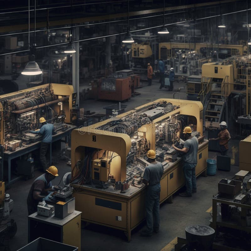 A Bustling Factory Floor with Workers in Safety Gear Operating ...