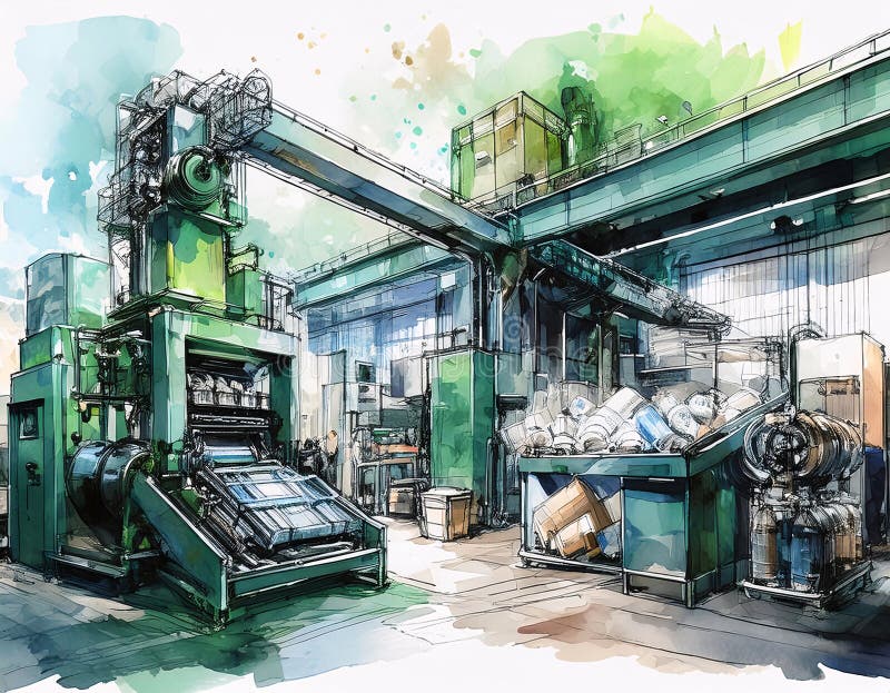A Bustling Factory Scene with a Large Machine Processing Plastic Waste ...