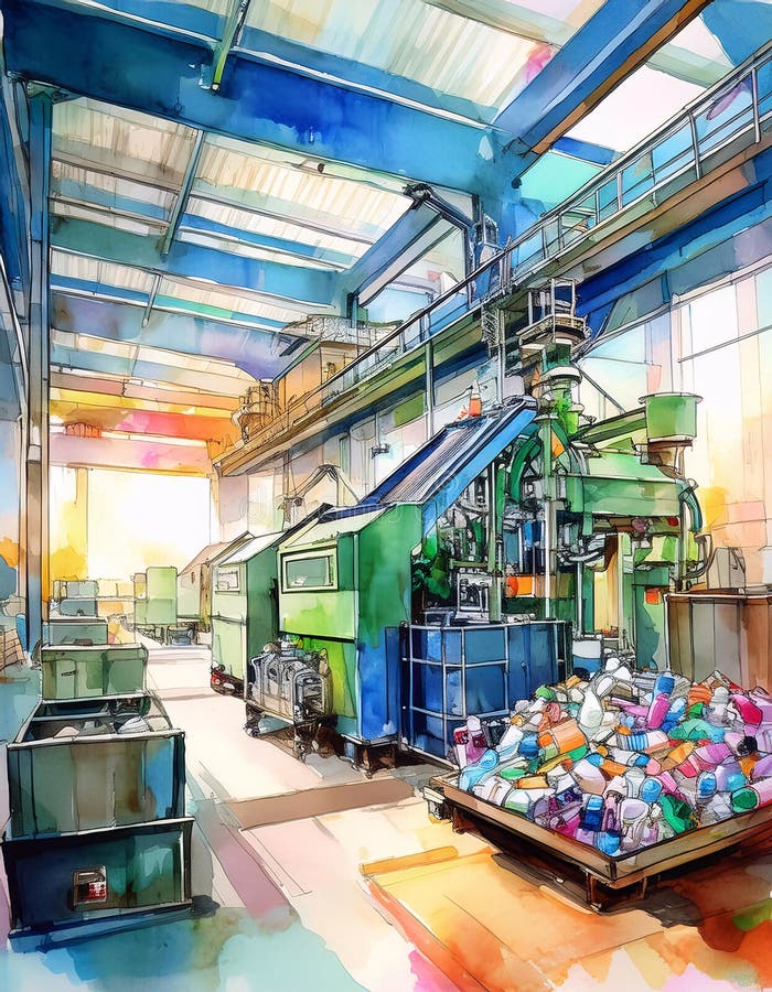 A Bustling Factory Scene with a Large Machine Processing Plastic Waste ...