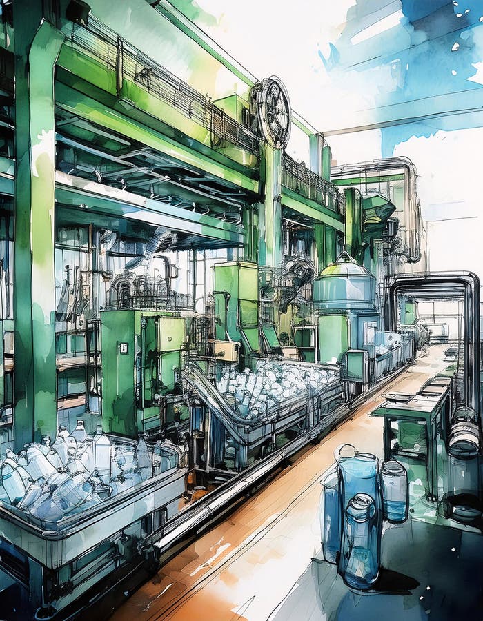 A Bustling Factory Scene with a Large Machine Processing Plastic Waste ...