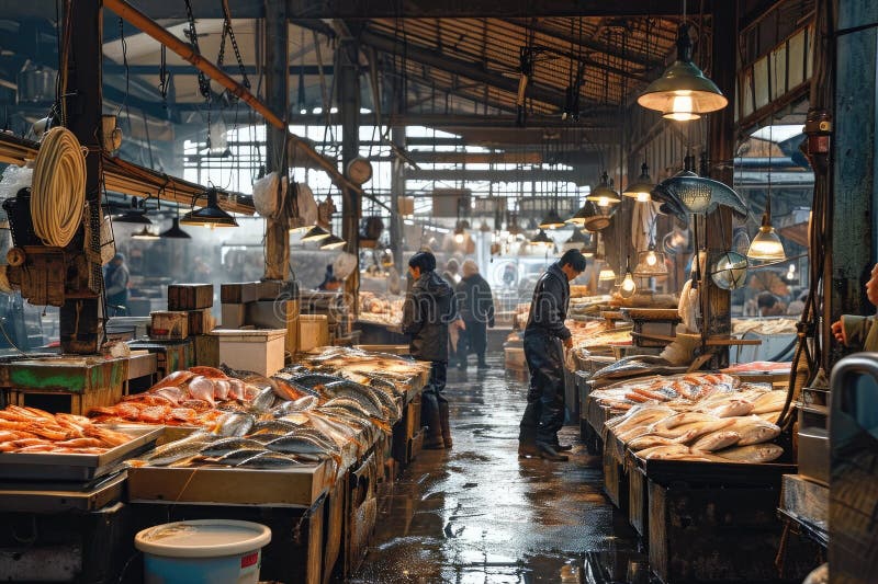 A Bustling Fish Market Packed with a Wide Array of Fresh Fish, a ...