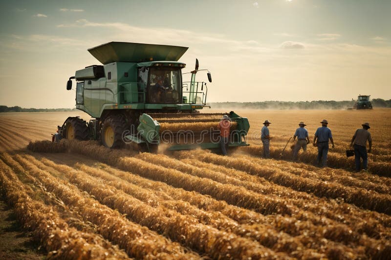 A Bustling Harvesting Field, with Workers Harvesting the Ripe Crops in ...