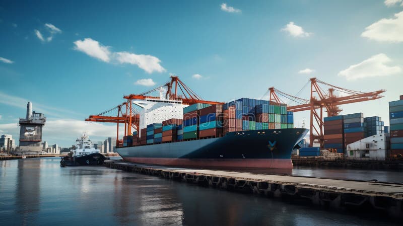 Bustling Hub: Seaport with Moored Cargo Ship. Generative Ai Stock ...