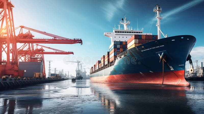 Bustling Hub: Seaport with Moored Cargo Ship. Generative Ai Stock ...