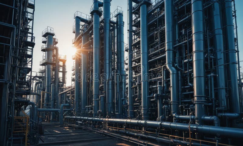 Bustling Industrial Complex Features Towering Blue and Gray Structures, with Warm Glow from the ...