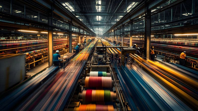 Bustling Industrial Textile Factory with Workers in Motion Stock Image ...