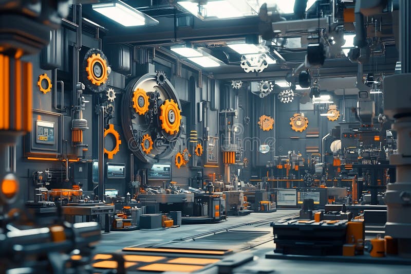 Bustling Industrial Workshop with Gear Shaped Icons and Minimalist ...