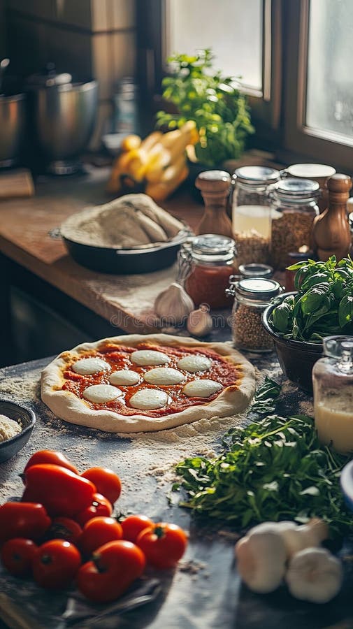 A Bustling Kitchen Counter with Ingredients for a Homemade Pizza Stock ...