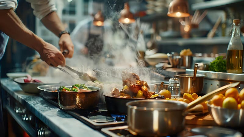 A Bustling Kitchen Scene with Chefs Preparing Various Dishes Amidst ...
