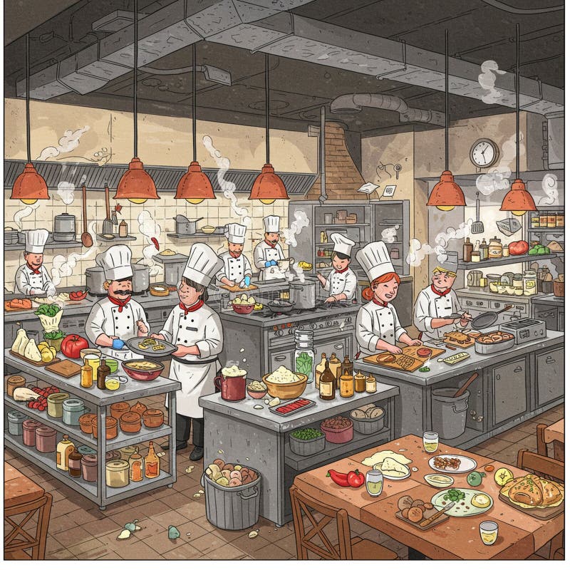 A Bustling Kitchen Scene with Multiple Chefs in White Uniforms and Tall ...