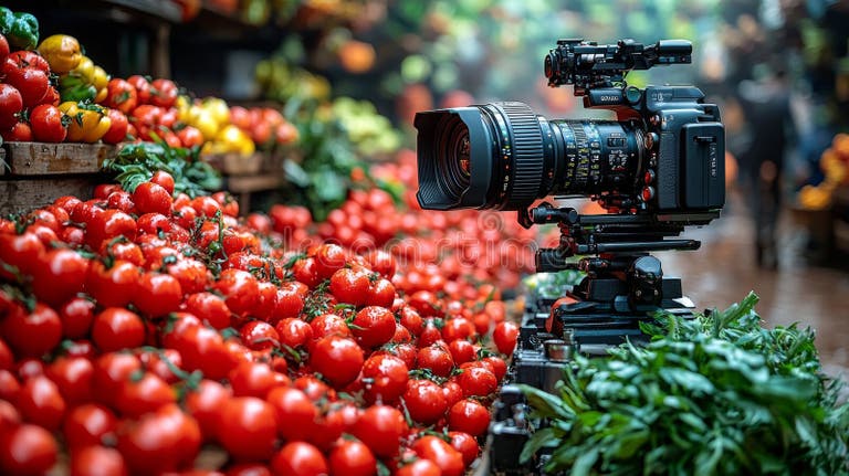 Market Scene with Fresh Tomatoes and Camera Setup Stock Photo - Image ...