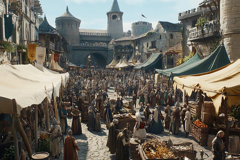 A Bustling Medieval Market Square with Vendors and Shoppers Stock ...