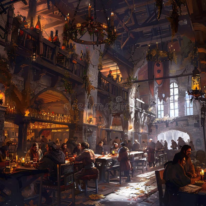A Medieval Tavern, with Patrons Enjoying a Warm Atmosphere, Surrounded ...