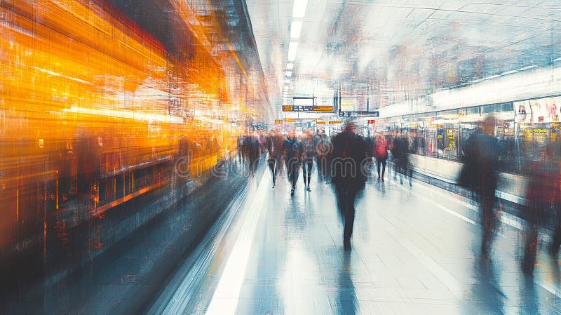 A Bustling Metro Station with Blurred Commuters Walking, Set Against a ...
