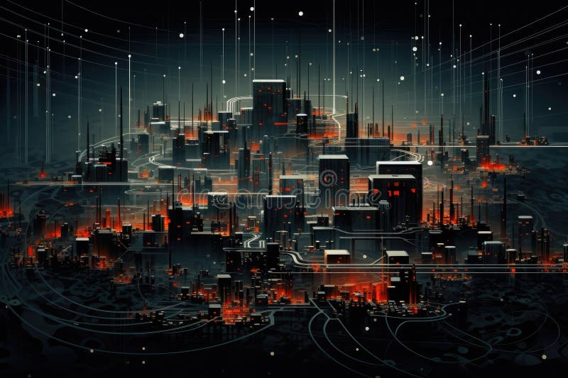 A Bustling Metropolis of the Future Aglow with a Multitude of Vivid Red ...